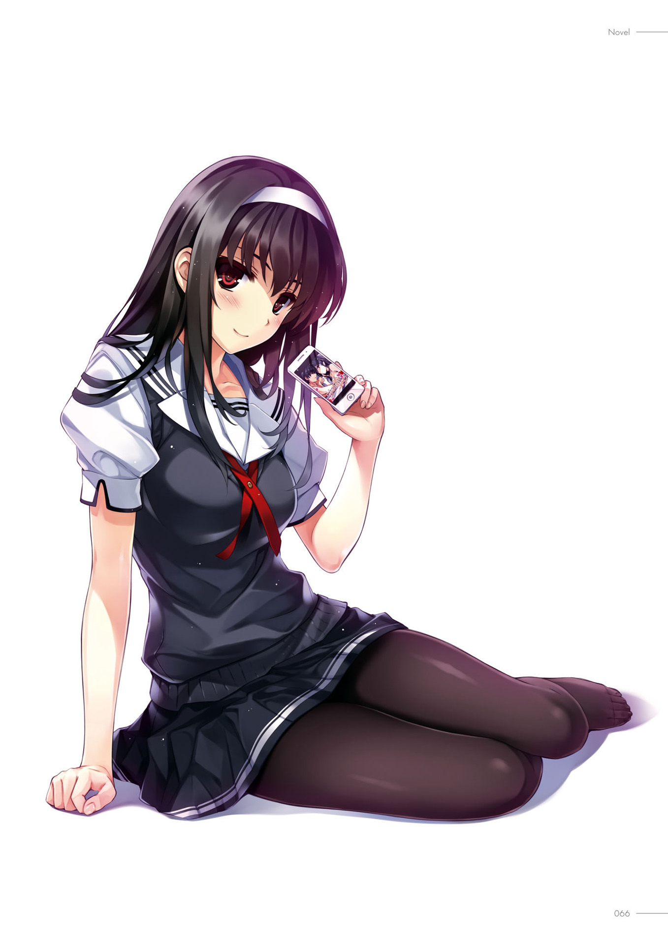 Safebooru - 1girl bangs black hair black legwear black skirt cellphone closed mouth collared ...